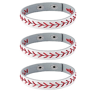 HZMAN Leather Softball Baseball Bracelets by Athletes Bangle Cuff Wristband, 3 Pcs White Black Yellow Ste (White)