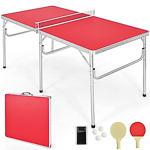 Goplus Foldable Ping Pong Table, 100% Preassembled, Portable Table Tennis Table Game Set with Net, 2 Table Tennis Paddles and Ping Pong Balls for Indoor Outdoor Use (Red-60'')