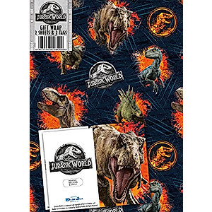 Jurassic Park Wrapping Paper and Gift Tags, 2 Sheets and 2 Gift Tags