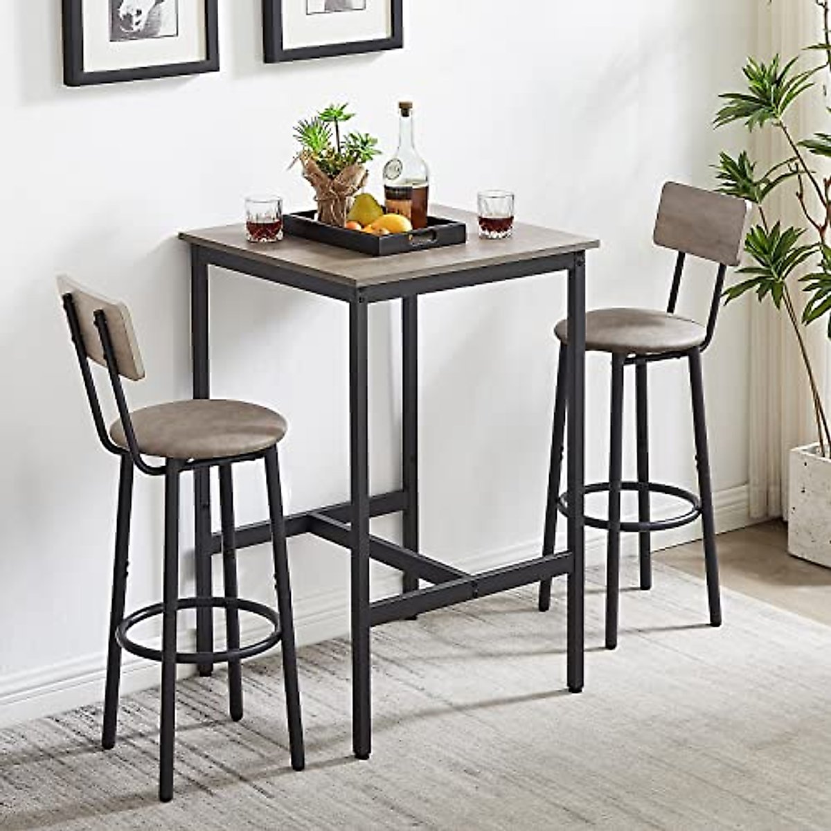 CALABASH 3-Piece Bar Table and Chairs Set for Small Space, Bar Set with Square Table and PU Stools, Coffee Table Set for 2,Breakfast Table with Footrest and for Home & Kitchen Dining Room(Grey)