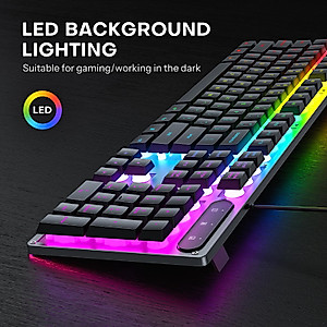OMOTON Wired Gaming Keyboard, Full Size Keyboard, 26 Anti Ghosting Keys, LED Backlit, 12 Multimedia Keys, Silent Membrane Gaming Keyboard for PC, Desktop, Computer, Black