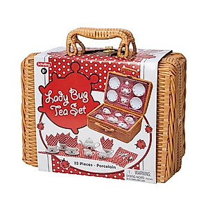 Schylling Ladybug Tea Set Basket - 23 Piece Miniature Porcelain Set with Picnic Basket - Includes Service for Four - Ages 8 and Up