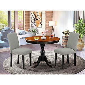 East West Furniture AMAB3-BCH-06 3 Piece Dining Table Set for Small Spaces Contains a Round Kitchen Table with Pedestal and 2 Shitake Linen Fabric Upholstered Chairs, 36x36 Inch, Black & Cherry