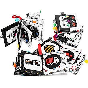 teytoy Baby Soft Cloth Book Set 6 PCS, Black and White High Contrast Baby Activity Crinkle Books for 0 3 6 9 12 Months Newborn Infants Babies Boys and Girls Early Educational Learning Toys