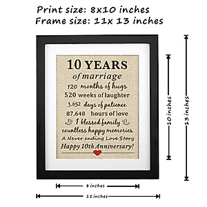 Corfara Framed 10th Wedding Anniversary Burlap Gift 11" W X 13" H, Couples 10th Anniversary 10 Years of Marriage Gift for Wife 10th Wedding Anniversary Keepsake Gift for Husband Wife Him Her