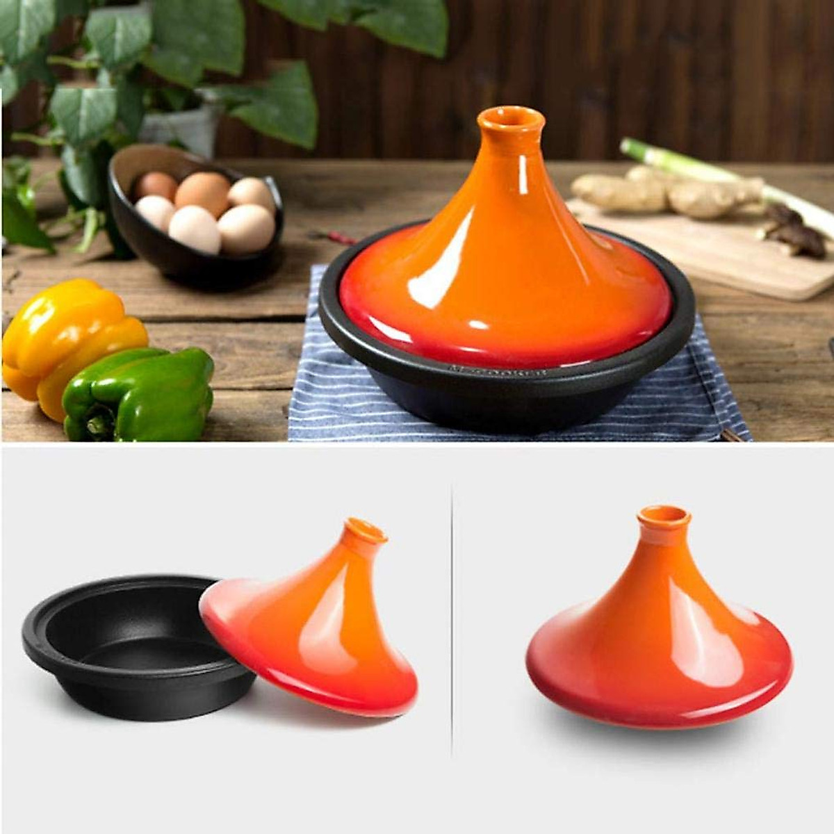 MYYINGBIN 1.7Liter Tagine Pot with Enameled Cast Iron Base and Cone-Shaped Lid Anti-Hot Silicone Gloves, Suitable for 1-4 People, Orange