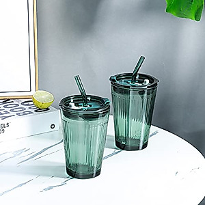 Joeyan Glass Tumbler with Straw and Lid,Green Glasses Water Cup with Straw,Colored Glass Drinking Jars for Juice Beverages Iced Coffee Tea Smoothie Soda Milk,15 oz,Set of 2,Dishwasher Safe