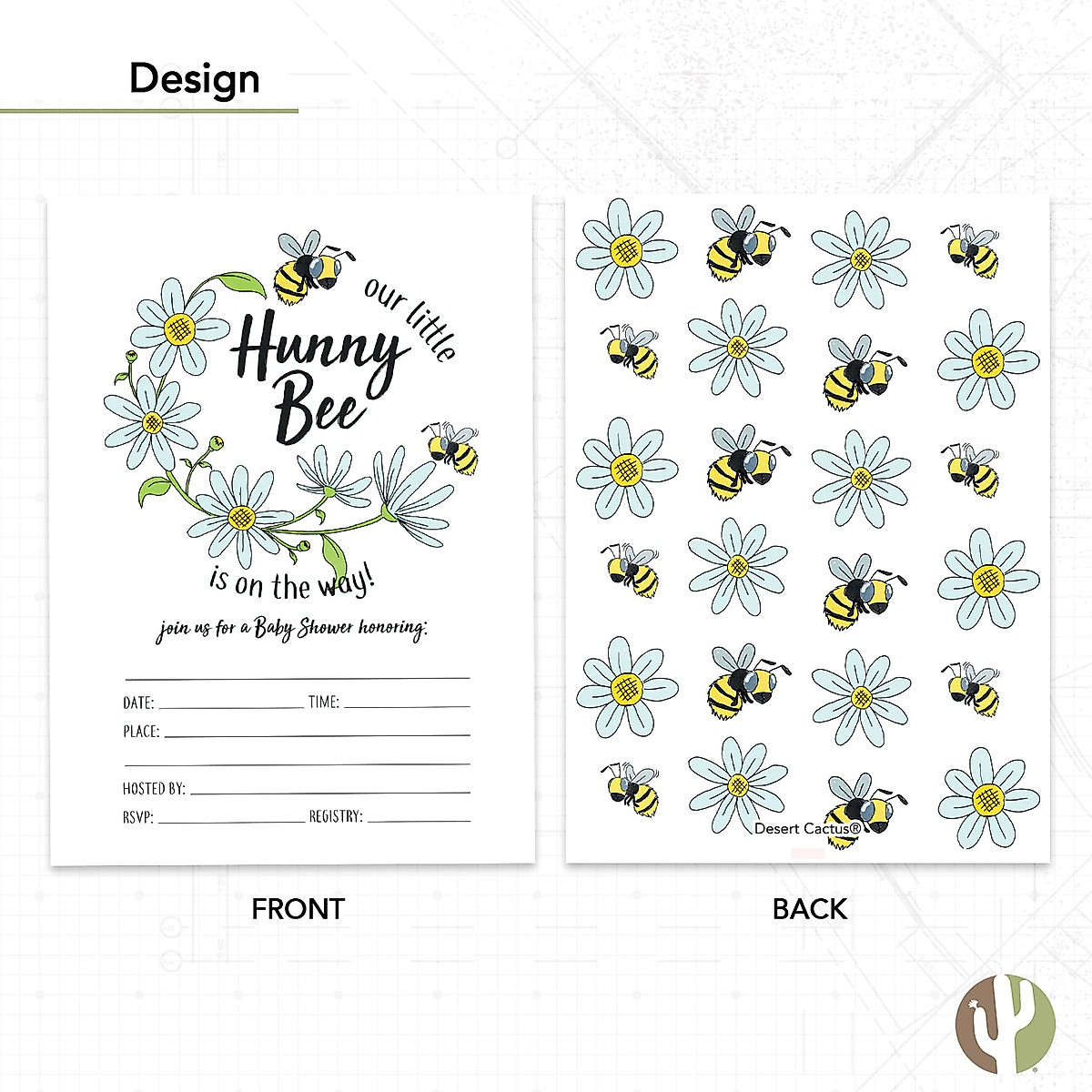 Desert Cactus Bumble Bee Baby Shower Invitations Invite Cards (25 Count) With Envelopes Girl Boy (25ct Baby) Bee 3
