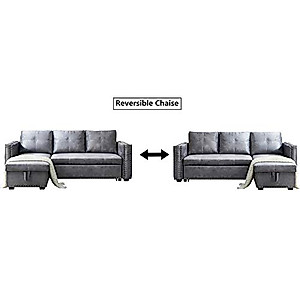 JULYFOX Gray Sectional Sofa with Storage Chaise, Mid Century Modern Reversible L-Shaped Sleeper Sectional Sofa Bed Button Tufted Copper Nail Head Trim 90 inch Wide for Living Room Office