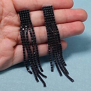 Mlouye Dangle Earrings for Women, Rhinestone Earring Dangling Long Tassel Crystal Chandelier Drop Earrings for Prom Party Black Tone