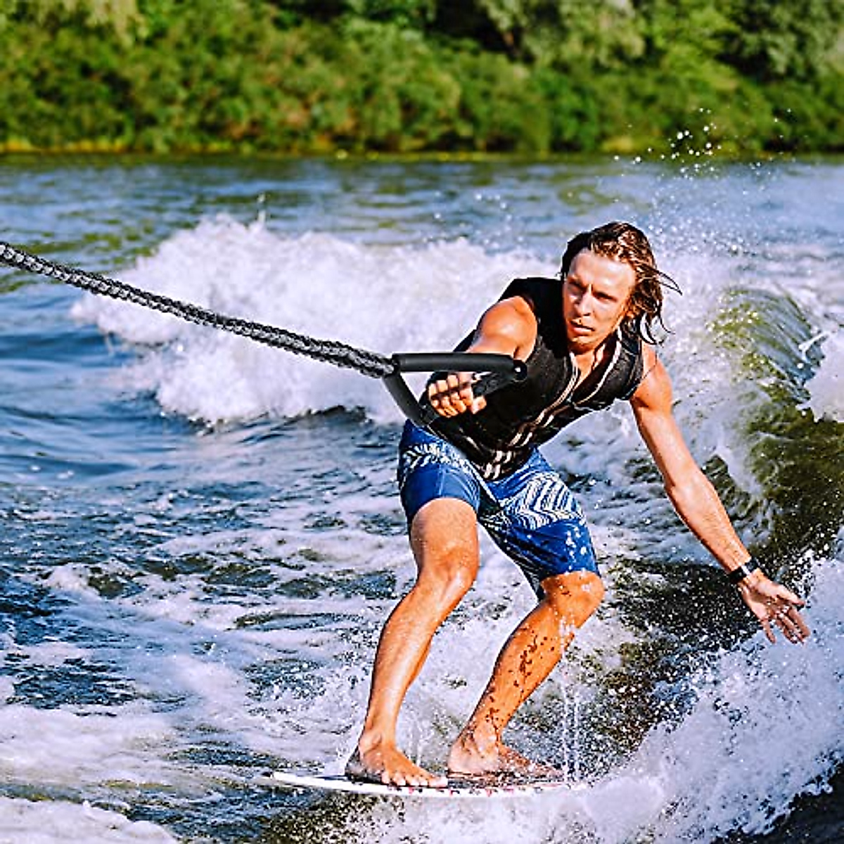 MUMUBOAT 25ft Wakesurf Rope with EVA Handle, 6 Sections Floating Watersport Ropes for Surfing (Grey & Black)