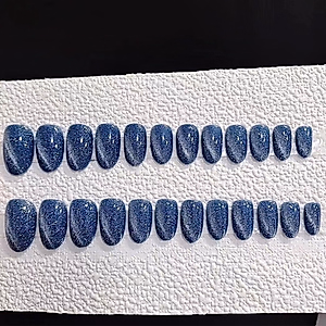 Short Press on Nails Medium Almond Cat Eye Fake Nails False Nails with Glitter Sparkly Designs Blue Full Cover Acrylic Nails Light Luxury and Glossy Artificial Nails for Women 24Pcs