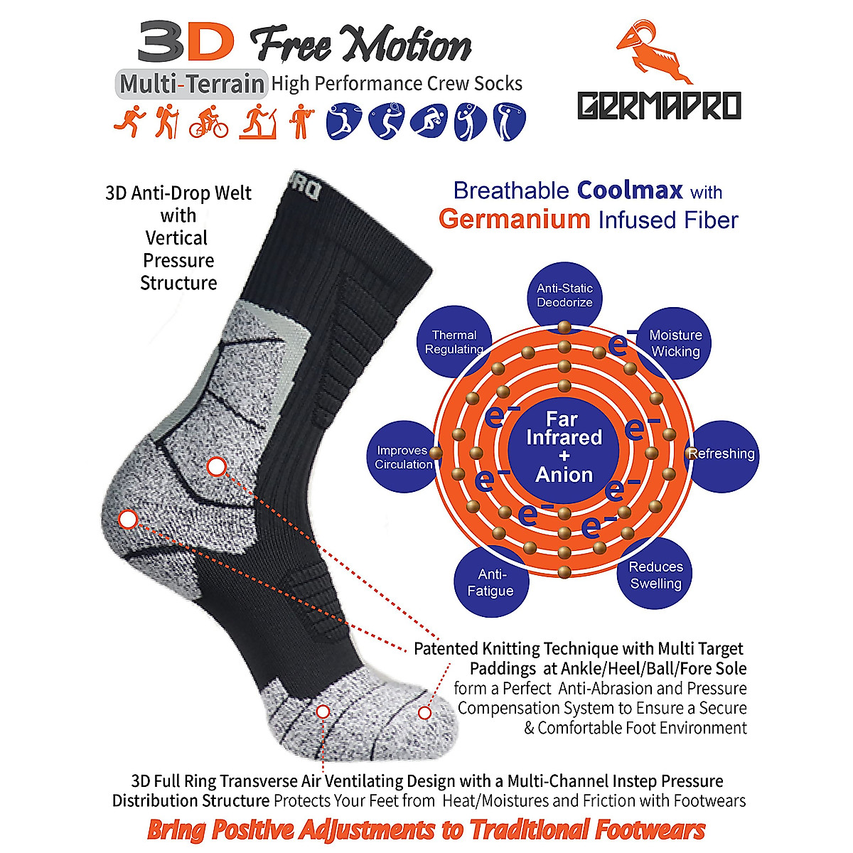 Men's Breathable Hiking Work Boot Socks w/Anti-Stress Moisture Wicking Germanium & Coolmax Fiber Lite-Compression 1/2 pr (X-Large, 2 Dark Grey Pack)