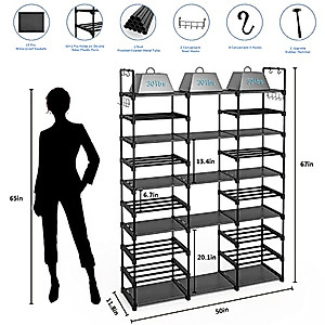 Plzlove 10 Tiers Shoe Rack Organizer for Closet & Entryway, Tall Metal Shoe Shelf Storage 54-62 Pairs, Extra Large Shoe Stand Black Stackable Boot Rack for Garage, Bedroom, Cloakroom with Hooks