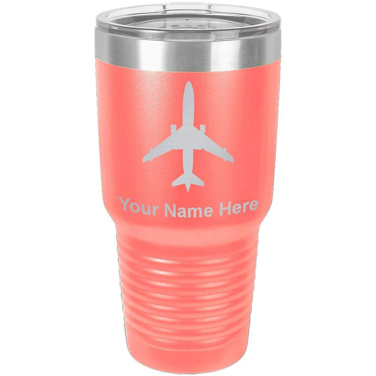 LaserGram 30oz Vacuum Insulated Tumbler Mug, Jet Airplane, Personalized Engraving Included (Coral)