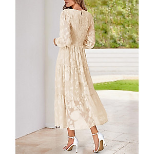 BTFBM Casual Women's 2025 Fall Dresses Elegant Wedding Guest Dress Long Sleeve Floral Midi Dress Flowy Bohemian Long Dress(Apricot,Small)