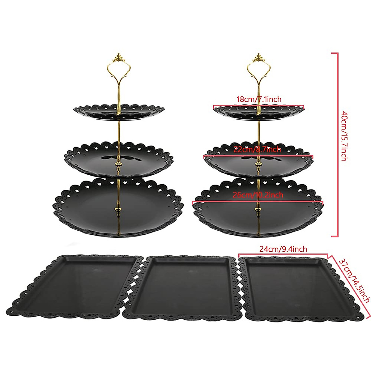 Set of 5 Party Cupcake Stand Includes 2 Pcs 3 Tier Cake Stand + 3 Rectangle Plastic Serving Trays for Wedding Birthday Baby Shower Tea Party (Black)