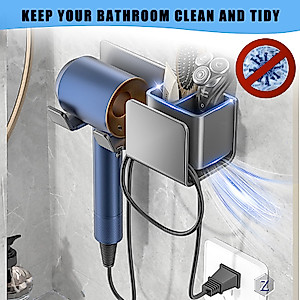 WISAZCDY Hair Dryer Holder Wall Mounted, Blow Dryer Holder for Bathroom, Double Storage Bucket Hollow Design, Ventilation & Dry, Salon, Bedroom Organizers & Storage Punch-Free Installation (Grey)