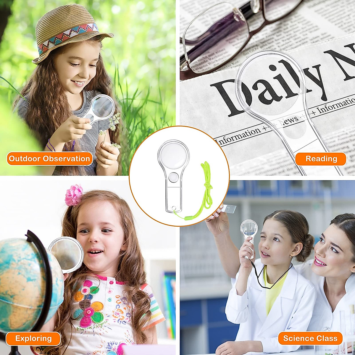 IRCHLYN 48Pcs Magnifying Glass for Kids Plastic Magnifier 5X Mini Hand Lens with 48 Lanyards for Science Class Reading Party Outdoor Observation Activity