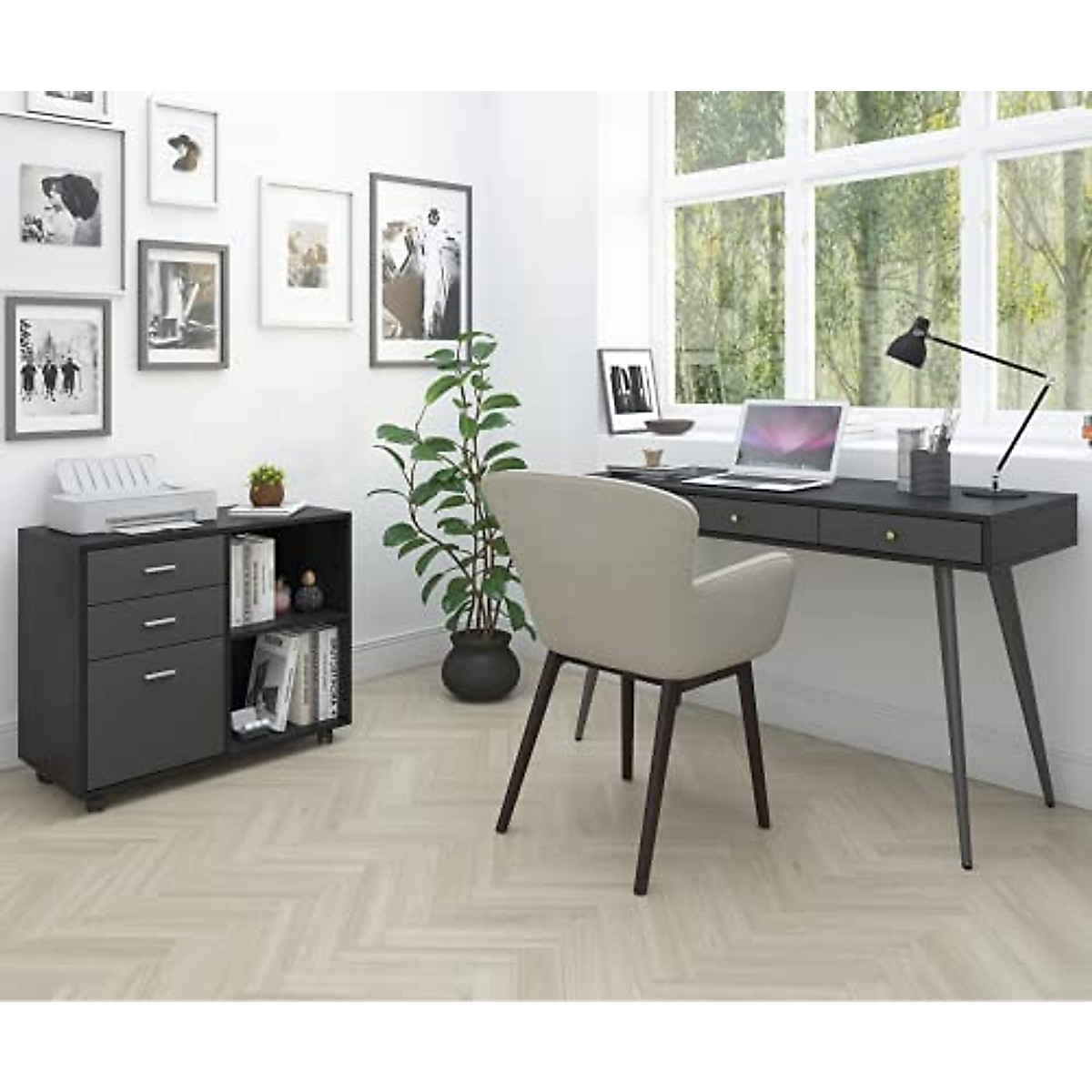 JURMALYN 47" Mid Century Modern Desk with Drawers Black Computer Desk Minimalist Desk with Metal Legs for Home Office, Easy Assembly (Black + Dark Grey)