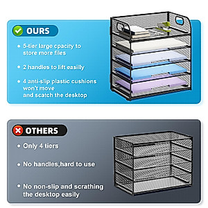 Marbrasse 5 Tier Paper Organizer Letter Tray, Mesh Desk File Organizer with Handle, Paper Sorter Desk Organizer for Home Office Supplies(Black)