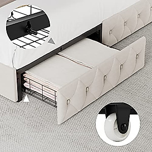 Keyluv Queen Upholstered LED Bed Frame with 4 Drawers, Velvet Platform Storage Bed with Adjustable Button Tufted Headboard and Solid Wooden Slats Support, No Box Spring Needed, Beige