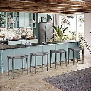 KATDANS Grey Bar Stools Set of 2 Counter Height 24 Inches Backless Barstools for Kitchen Counter Modern Saddle Stools Velvet Nailhead Upholstered Stools, KS718PN