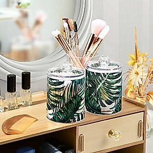 2 Pack Qtip Holder Dispenser for Cotton Ball Palm Tree Tropical Jungle Leaf Cotton Swab Cotton Round Pads Clear Plastic Acrylic Jar Set Bathroom Canister