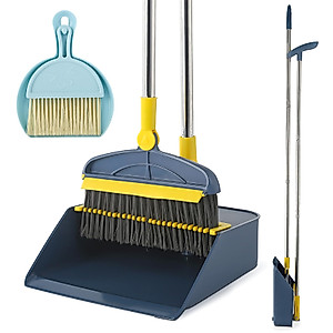 Broom and Dustpan Set,2 in 1 Broom Brush with Dustpan Combo Set, Upright 180°Rotating Broom with Long Handle and Lightwight Dust Pans for Home Kitchen Room Office Lobby Floor Cleaning，Blue