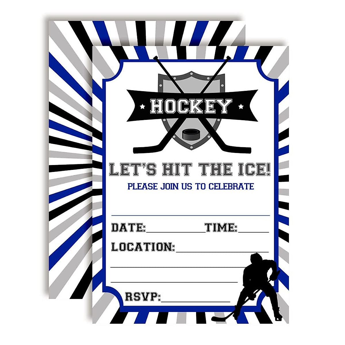 Amanda Creation Blue & Gray Hockey Birthday Party Invitations, 20 5x7 Fill-In Cards with Twenty White Envelopes