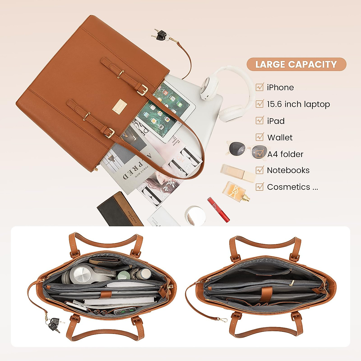 Laptop Bag for Women Large Office Handbags Briefcase Fits Up to 15.6 inch (Updated Version)-Brown