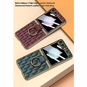 BAILI Galaxy Z Flip5 Leather Case,Galaxy Z Flip 5 Case with Ring and Built-in Small Screen Protective Film,Light Luxury Diamond Checkered Pattern Samsung Galaxy Z Flip5 Leather Case-Red