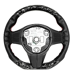 Cobra-tek Carbon Fiber Steering Wheel Forged Compatible with Tesla 3 2017 - 2018 - 2019 - 2020 - 2021 - 2022 - Red Stitches - Non-Slip and Protection - Hand-Saber