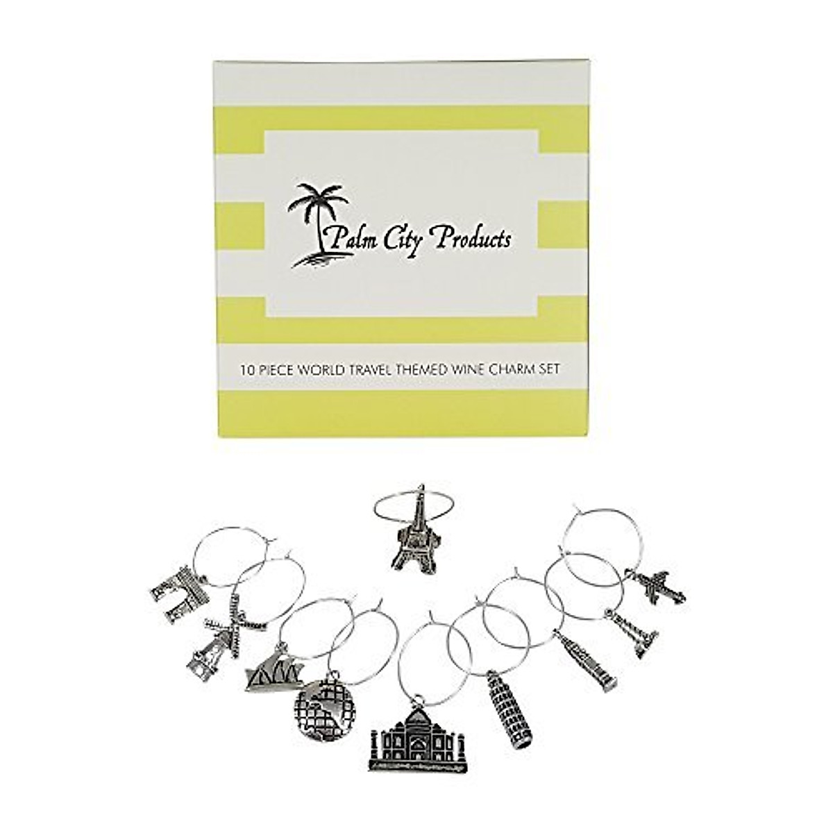 Palm City Products 10 Piece World Travel Themed Wine Charm Set - Traveler Stemmed Wine Glass Charms