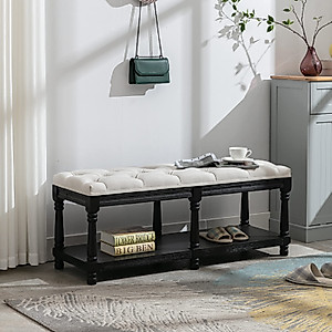 Janoray Farmhouse Storage Bench Wooden Entryway Linen Upholstered Ottoman Button Tufted Bench with Black Legs for Bedroom End of Bed Hallway Organizer, Beige, 45 Inch