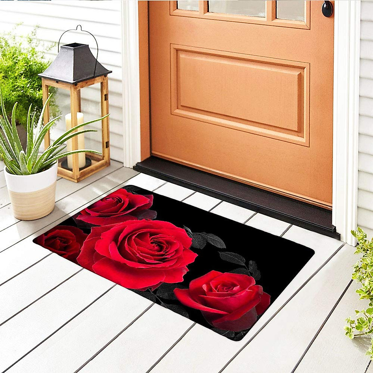 LIVILAN Black Bath Mat, Flower Bathroom Rugs, Red Bath Rugs, 24''X16'', Super Soft and Absorbent Shaggy Plush Red Rose Bath Rugs, Memory Foam Non-Slip.