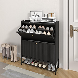 RARZOE Fluted Shoe Cabinet with 2 Flip Drawers, Modern Slim Shoe Storage Organizer, Narrow Entryway Shoe Rack, Tipping Shoe Cabinet with Metal Legs for Heels, Boots, Slippers in Entrance, Black