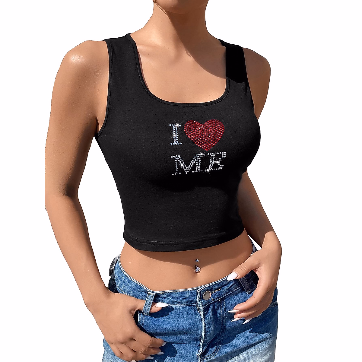 SOLY HUX Women's Rhinestone Heart Letter Print Y2K Crop Tank Top Scoop Neck Sleeveless T Shirts Solid Black XS