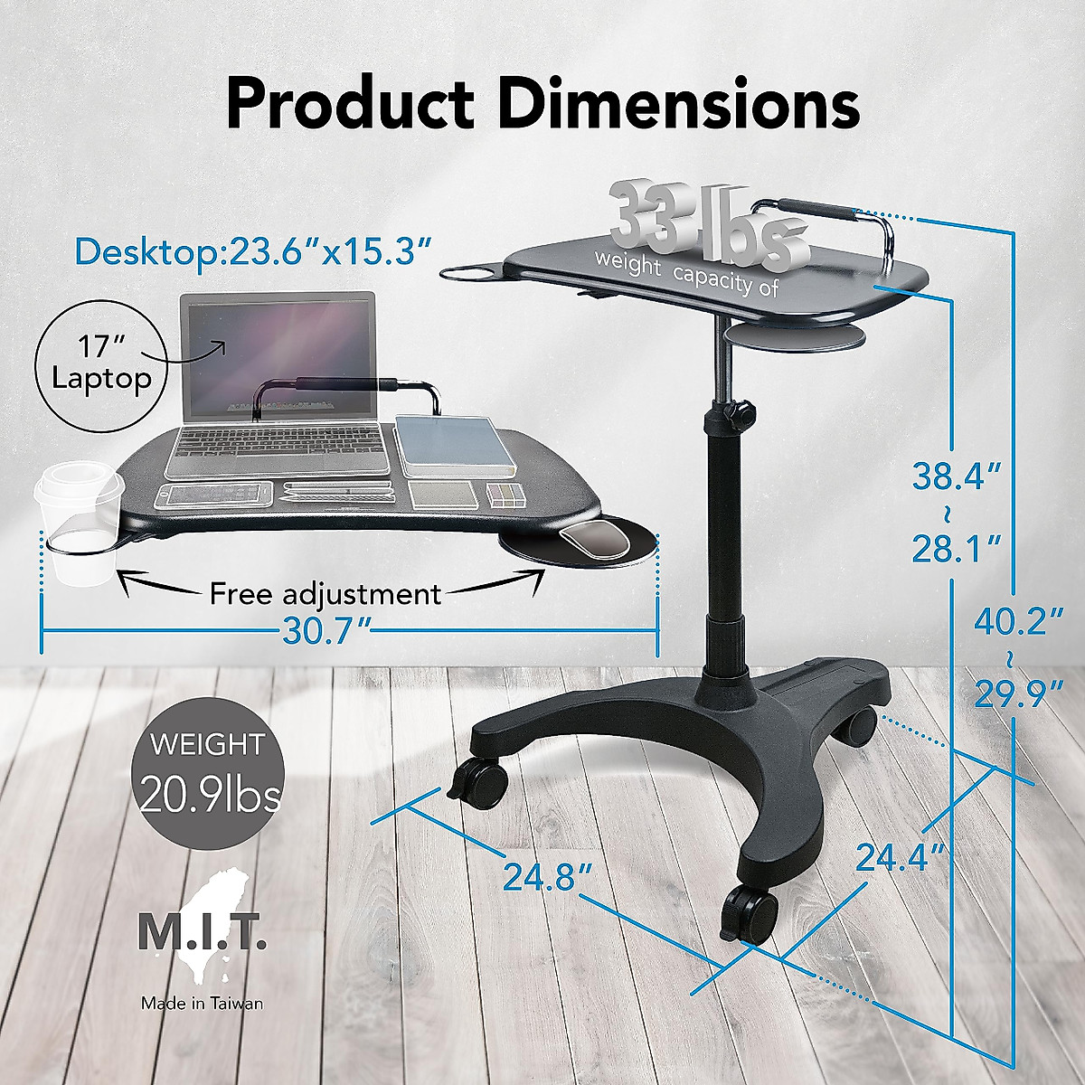 EHO Mobile Laptop Standing Desk Carts on Wheels, Pneumatic, Height Adjustable Rolling Stand, Sit to Stand Computer Cart, Classics XL Workstation for Home, Office, Medical and School Classroom