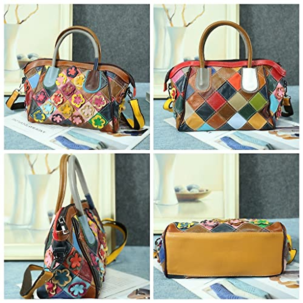 Maxzoom Womens Genuine Leather Hobo Bag Colorful Shoulder Handbag Purses with Contrast Color Patchwork and Handmade