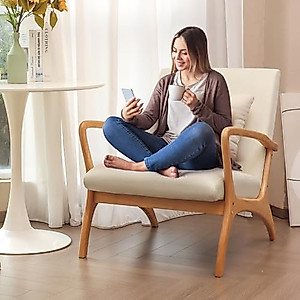 ELUCHANG Accent Chair with Lumbar Pillow,Mid-Century Modern Armchair, Linen Fabric Comfy Reading, Lounge Side Chair for Living Room Bedroom Apartment,Easy Assembly(Beige)