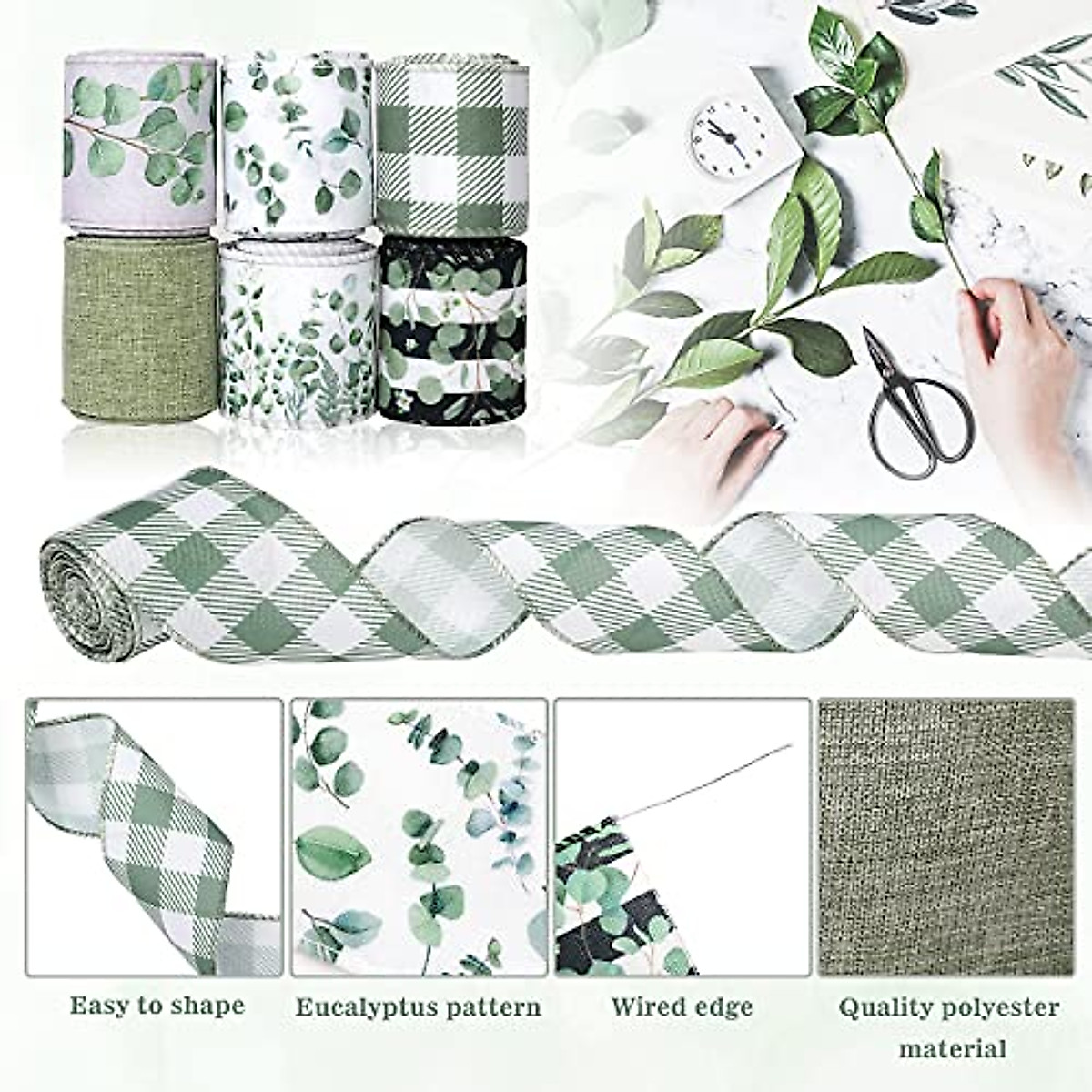 30 Yards Eucalyptus Wired Ribbon Sage Green Leaves Burlap Ribbons Greenery Decorative Ribbon Checkered Stripe Ribbon for Wedding Party Bridal Bouquets Spring Bow Wreath Making DIY Crafts