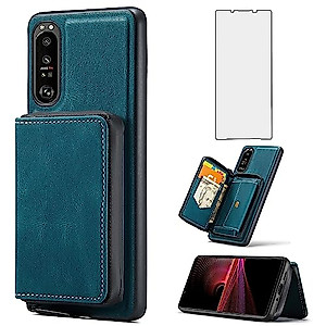 Asuwish Phone Case for Sony Xperia 1 III 3 / Experia1iii 5G Wallet Cover with Tempered Glass Screen Protector and Credit Card Holder Zipper Stand Leather Cell Experia 1III 5G XQ-BC72 Women Men Blue