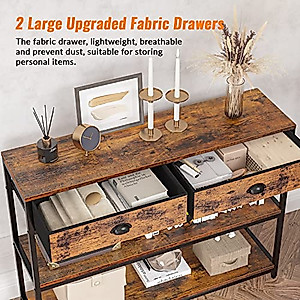 Furologee Console Table with 2 Drawers, Industrial Sofa Table, Entryway Table with 3-Tier Storage Shelves, Narrow Accent Table Metal Frame for Living Room/Entryway/Hallway, Rustic Brown