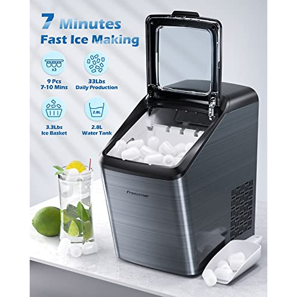 Freezimer DreamiceX1| Ice Makers Countertop Self-Cleaning, Portable Ice Maker Machine Countertop, 9 Cubes Ready in 7-10 Mins, 2 Size Ice Cubes Bullet Ice Machine | 33lbs/24h Silver