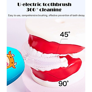 NC Kids Electric Toothbrush with Blue Lights,U Shaped Design,USB Charging with Water Cup,IPX7 Waterproof,45s Cleans All Teeth,Tau-Blue