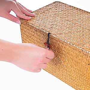 Ruosuruosu Decorative Wicker Storage Bins with Lids,Woven Seagrass Storage Baskets for Kids Toys,Shelves, Bathroom, Bedroom,Set of 3 Stackable Storage Boxes Large, Medium, Small