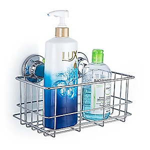 SANNO Suction Cup Shower Caddy,Bathroom Caddies Adhesive Pads Deep Large Basket Shelf,Bath Organizer Kitchen Storage Basket for Gel Holder Shampoo, Conditioner -2 pack