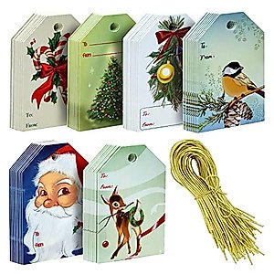 120 Pack Vintage Christmas Gift Tags with Gold Strings for Holiday Presents, 6 Designs (2.2 x 3.5 in)