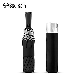 SoulRain NEW Premium Folding and Portable Automatic Umbrella Windproof Travel Umbrella,Safety Easy Close，Strong, Folding Umbrella for Backpack,Men and Women, Black/Titanium Silver